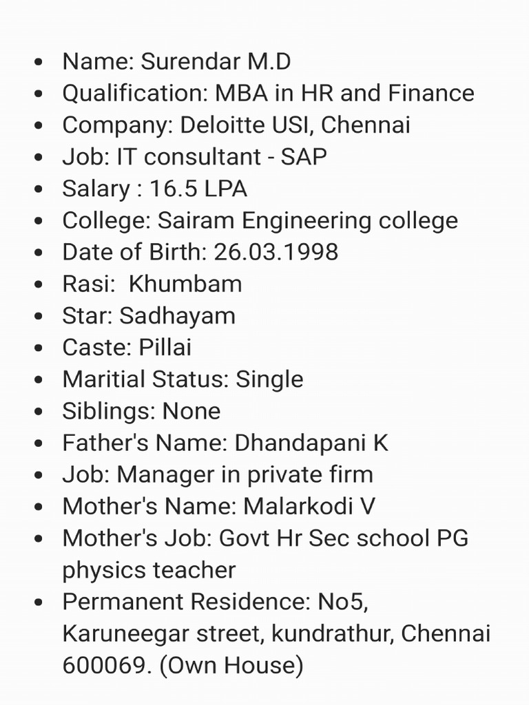 Surendar - Biodata | PDF