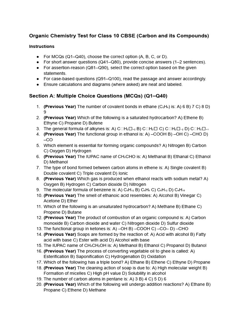 Class 10 CBSE Organic Chemistry Test | PDF | Alkene | Ethanol