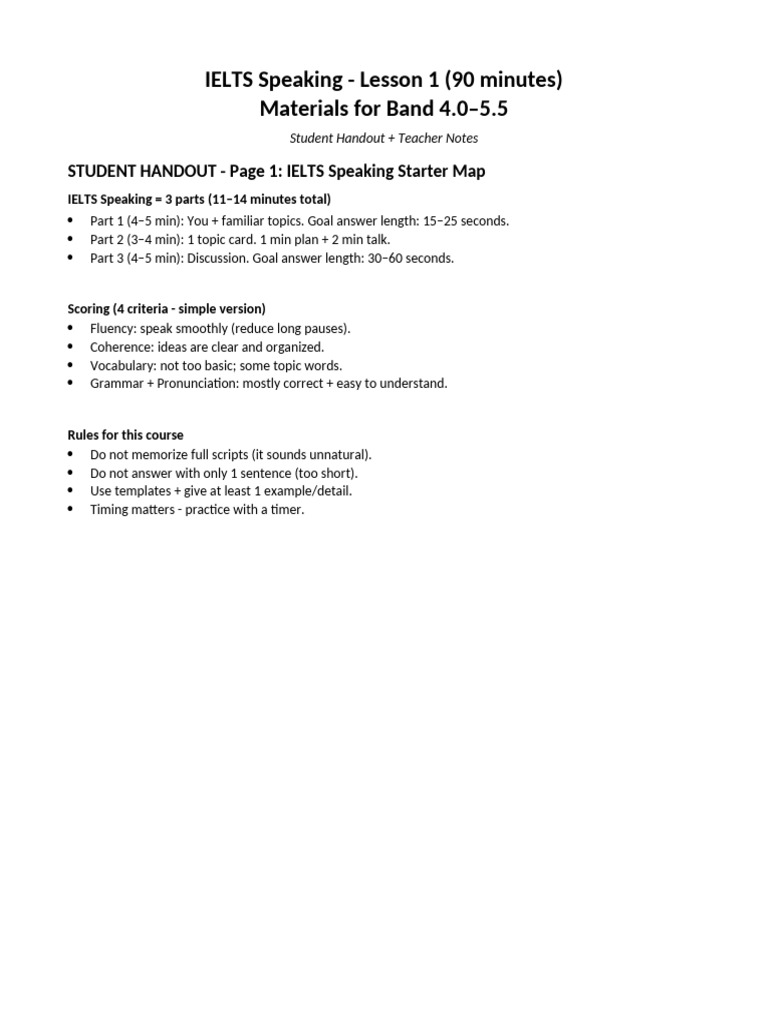 IELTS_Speaking_Lesson1_Materials_Band4-5.5_90min_v3 | PDF | Cognitive ...