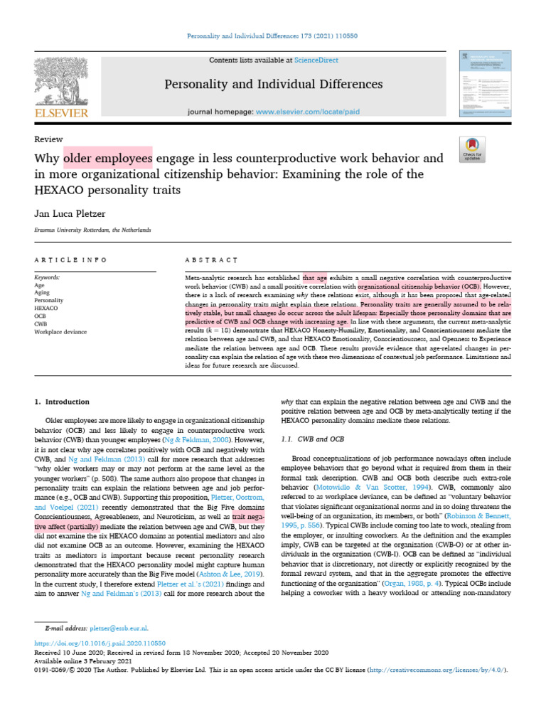 Examining The Role of The HEXACO Personality - Jan Luca Pletzer | PDF ...