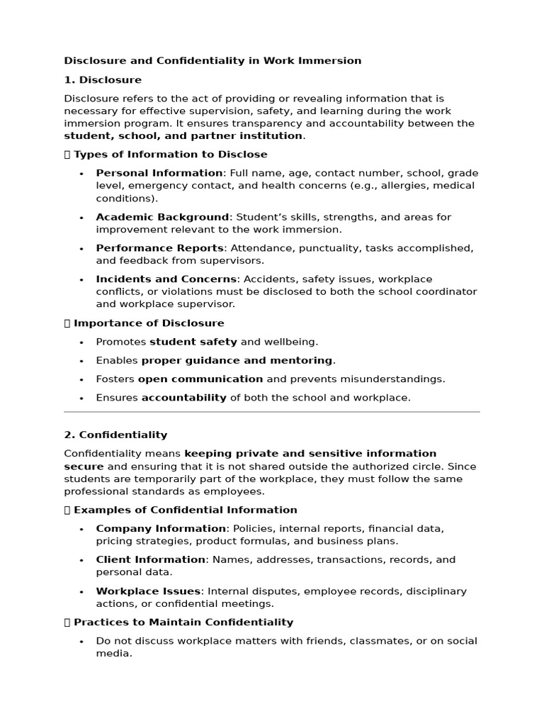 Disclosure and Confidentiality in Work Immersion | PDF | Non Disclosure ...
