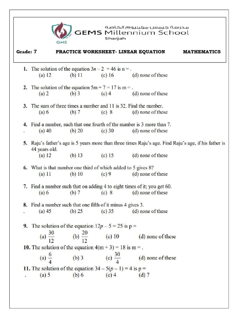 7th Grade Linear Equation Worksheet | PDF
