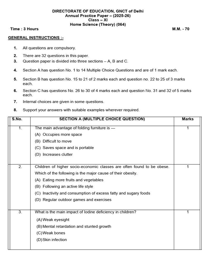 Home Science Practice Paper Class XI | PDF | Body Mass Index | Malnutrition