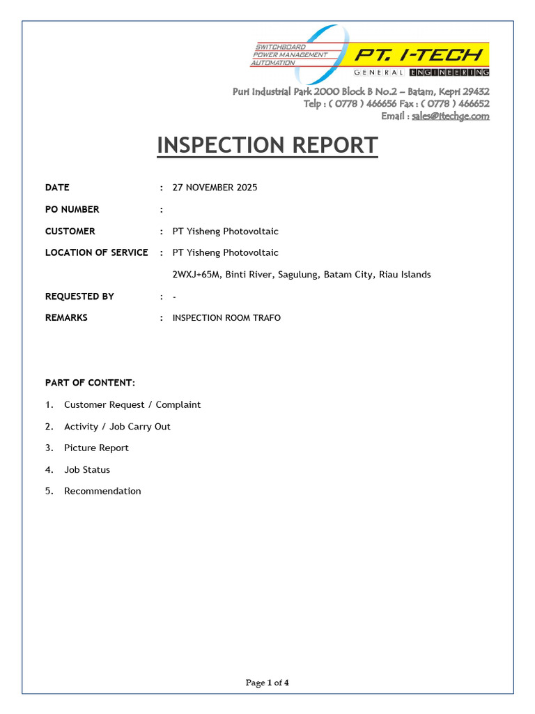 Inspection Report - Inspection Room Trafo | PDF