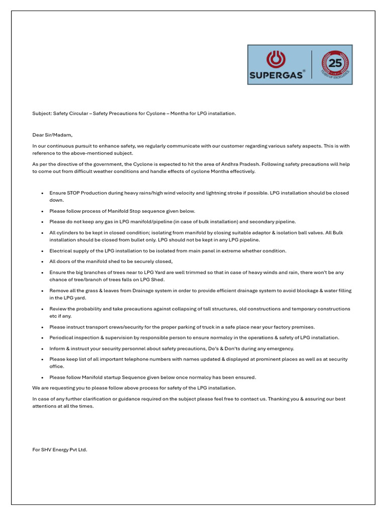 Safety Circular Safety Precautions for Cyclone Montha for LPG ...