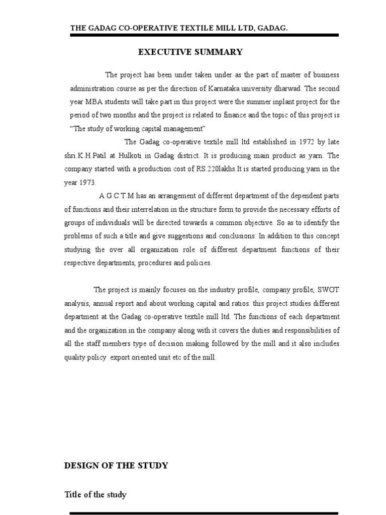 Working Capital Management at Gadag Textile Project Report | PDF ...