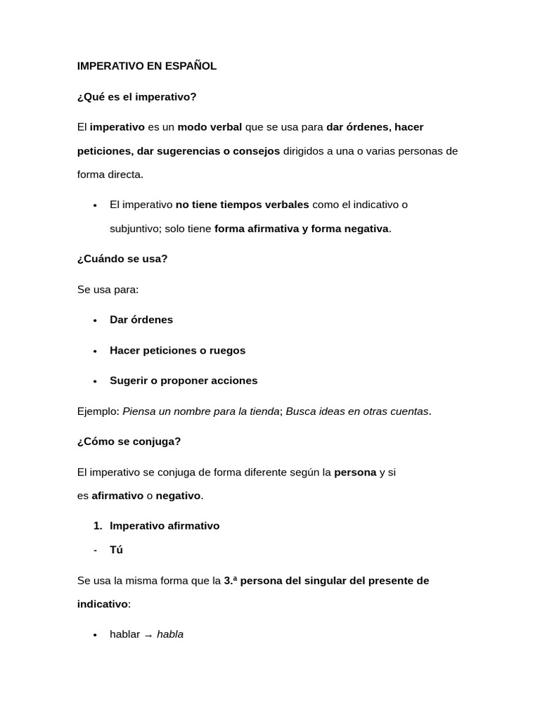 Uso y Conjugación del Imperativo en Español | PDF