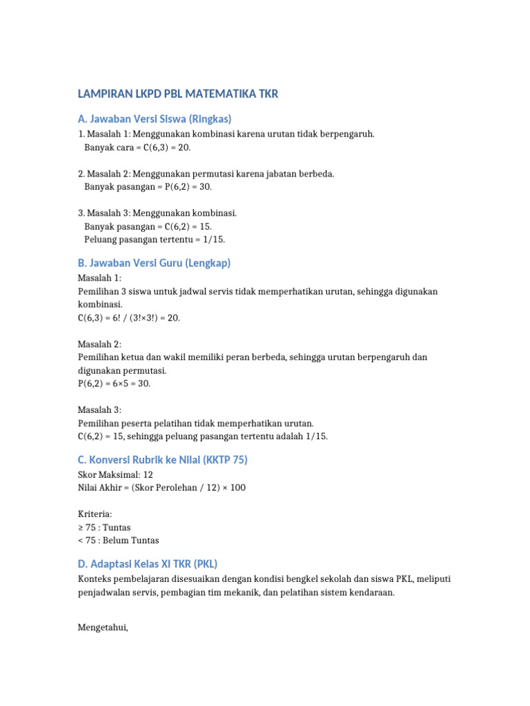 Lampiran LKPD PBL TKR | PDF