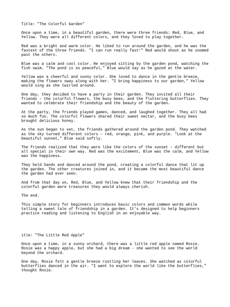 Colorful Garden Friendship Story | PDF | Yellow