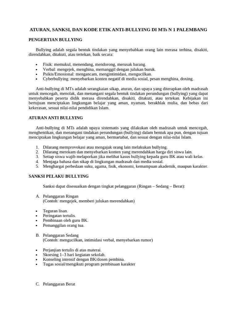 Aturan dan Sanksi Anti-Bullying MTs N 1 | PDF