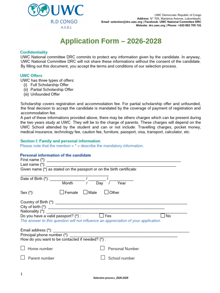 UWC DRC Application Form 2026-2028 | PDF | Democratic Republic Of The Congo