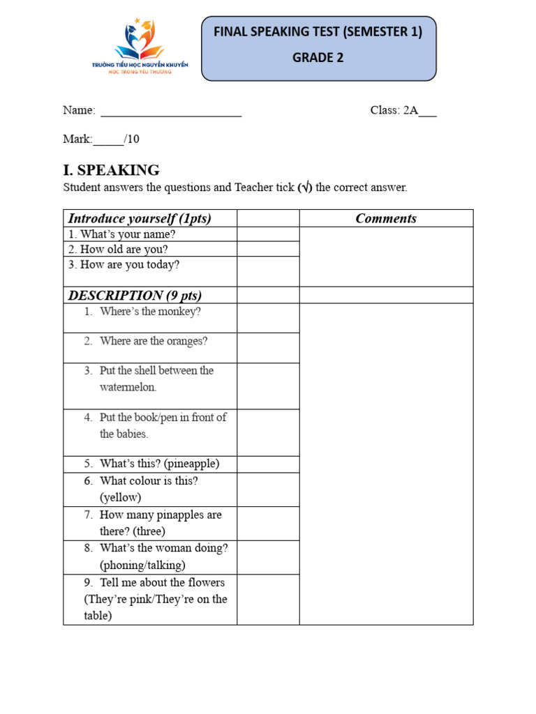 Speaking Test Grade 2 | PDF