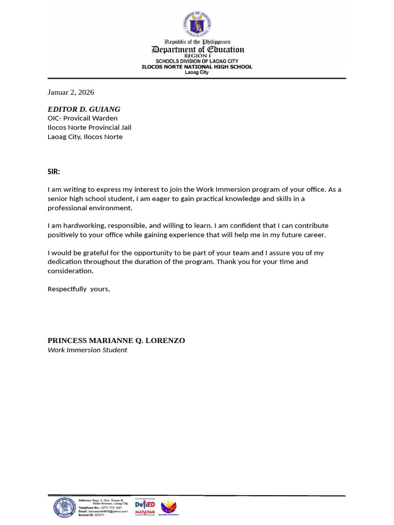 Application Letter Template Fro Work Immersion | PDF