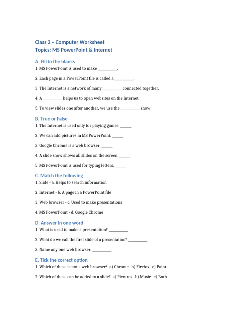 Class3 Computer Worksheet | PDF