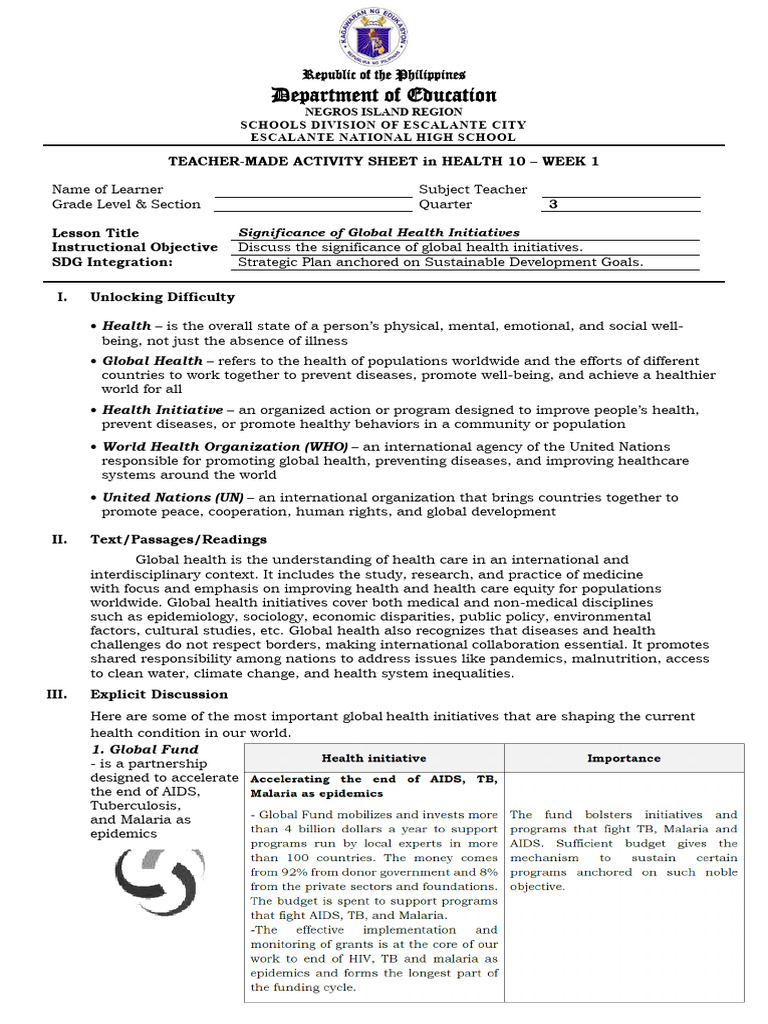 TEACHER-MADE ACTIVITY SHEET Health 10 - Week 1 - 102301 | PDF | Global ...