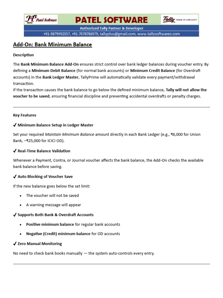 Bank Minimum Balance Add-On for Tally | PDF | Banks | Overdraft
