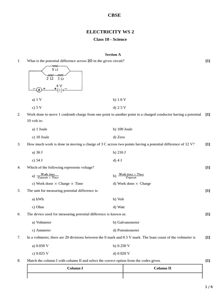 CBSE Class 10 Electricity Worksheet | PDF | Voltage | Electric Current