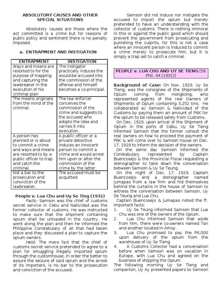Understanding Absolutory Causes in Law | PDF | Entrapment | Crime ...