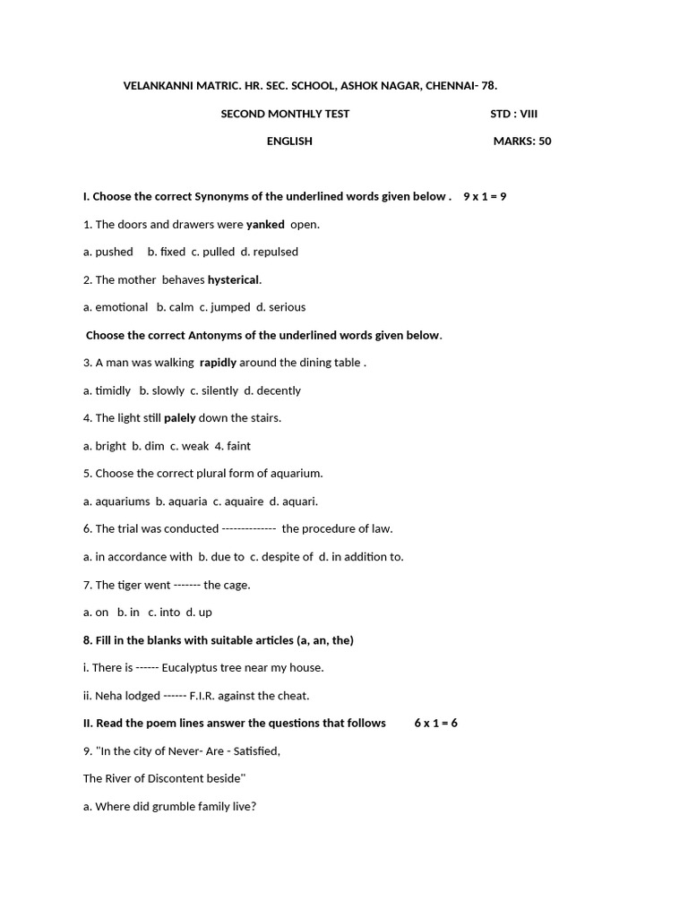 Second Monthly Test 2025 STD X | PDF