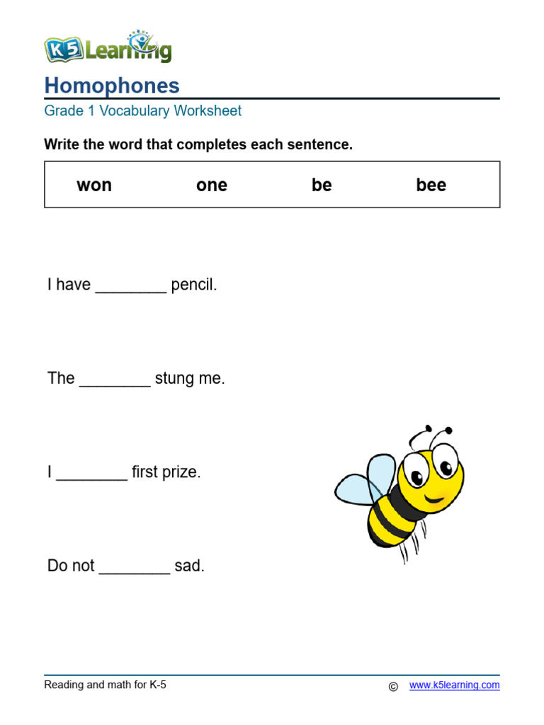 Grade 1 Homophones Worksheet | PDF