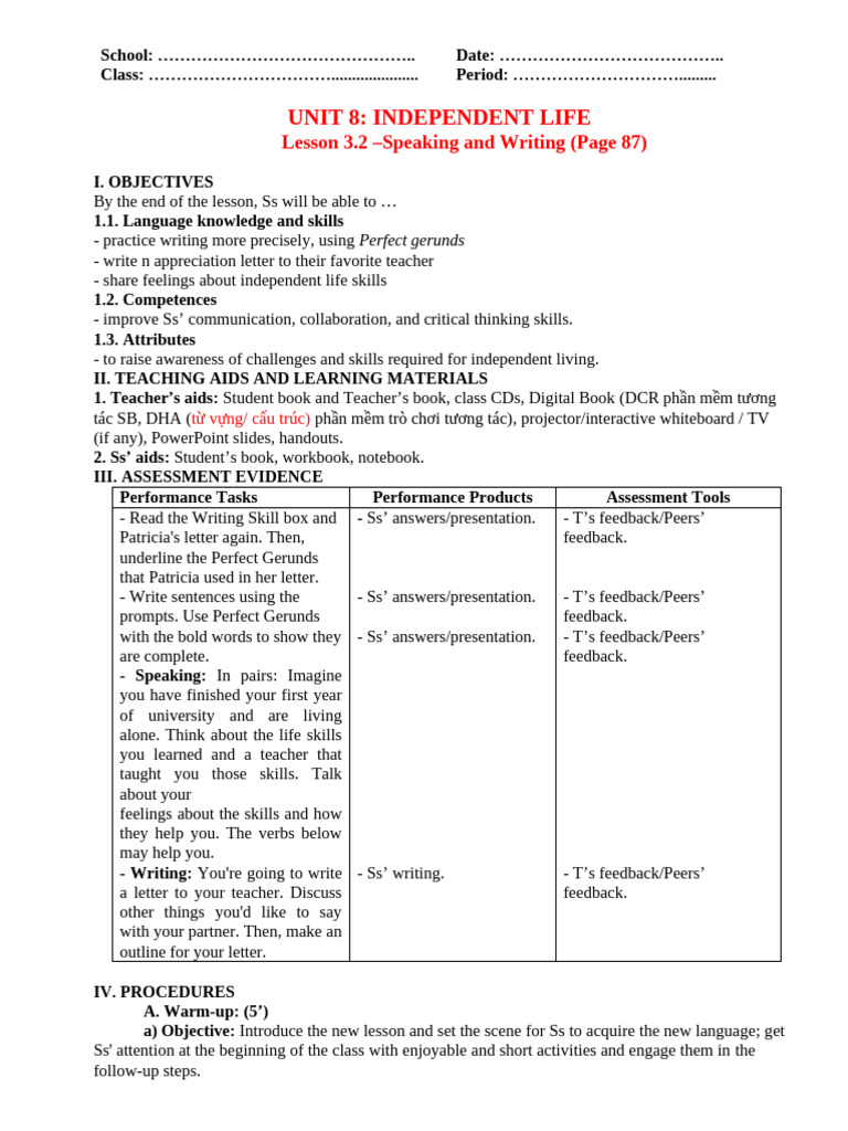 Unit 8 - Lesson 3.2 - Speaking and Writing - Page 87 | PDF | Language ...