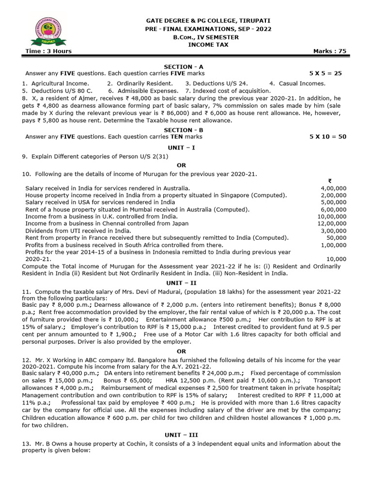 b.com IV Sem Income Tax Question Paper Sep -2022 | PDF | Expense ...