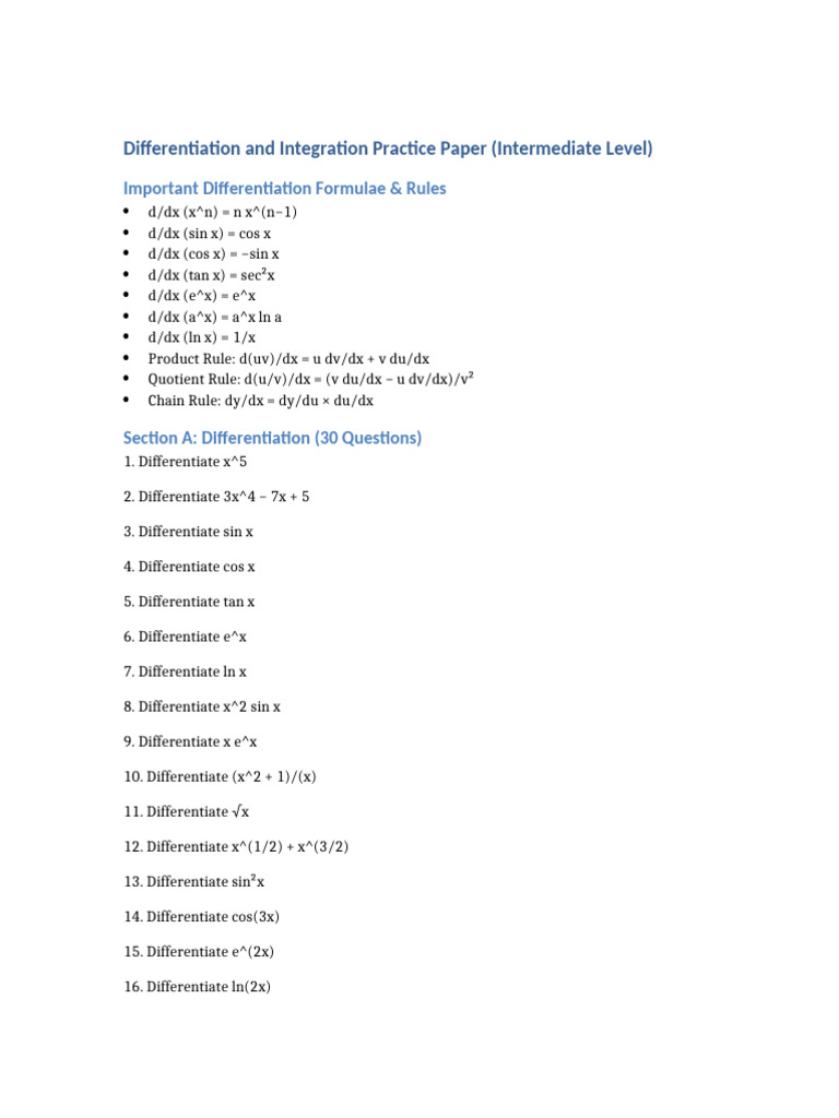 Differentiation Integration Practice Paper | PDF