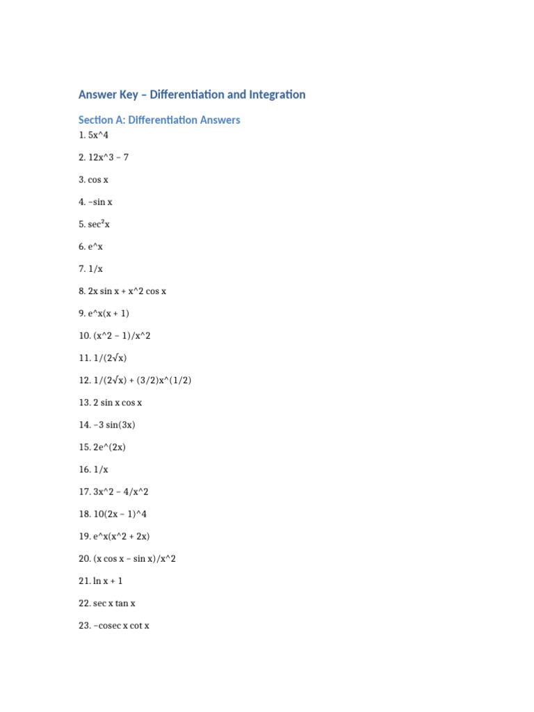Differentiation Integration Answer Key | PDF