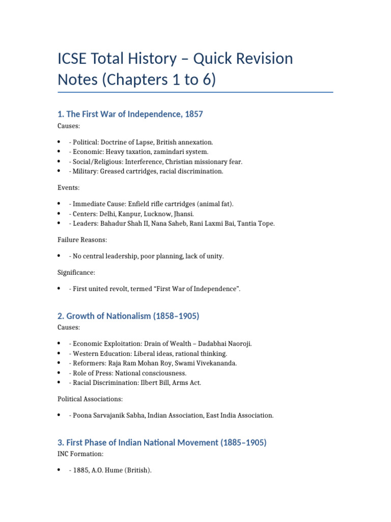 ICSE Total History Quick Revision Notes | PDF