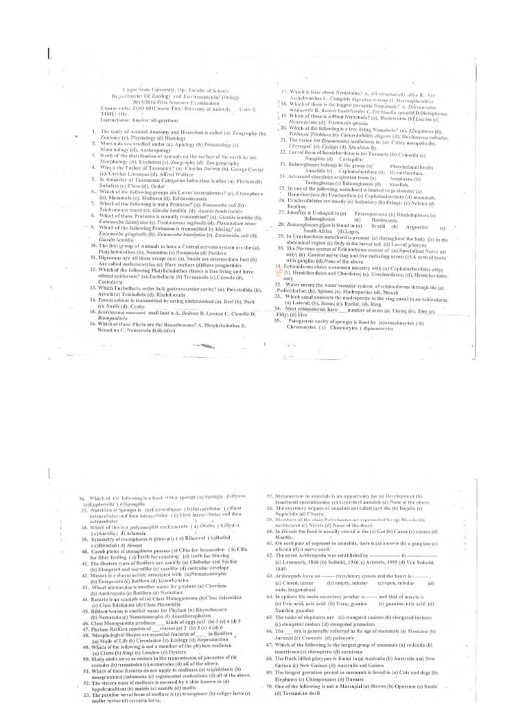 Zoo 101 Past Questions (2) | PDF