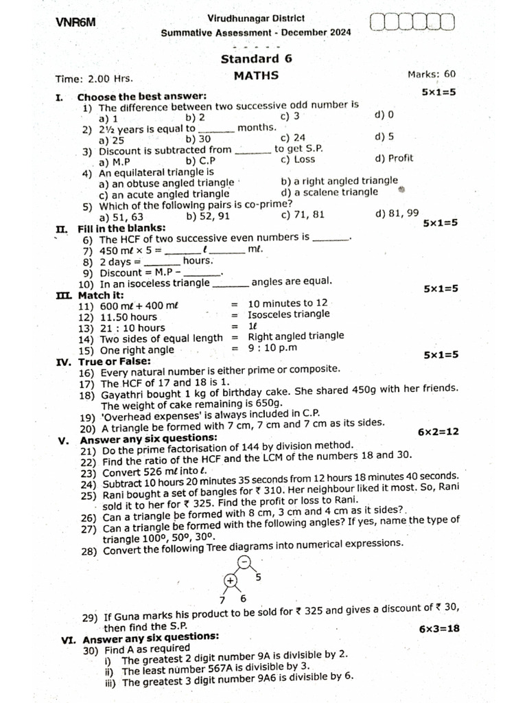 6th Maths Term 2 Exam 2024 Original Question Paper Virudhunagar ...
