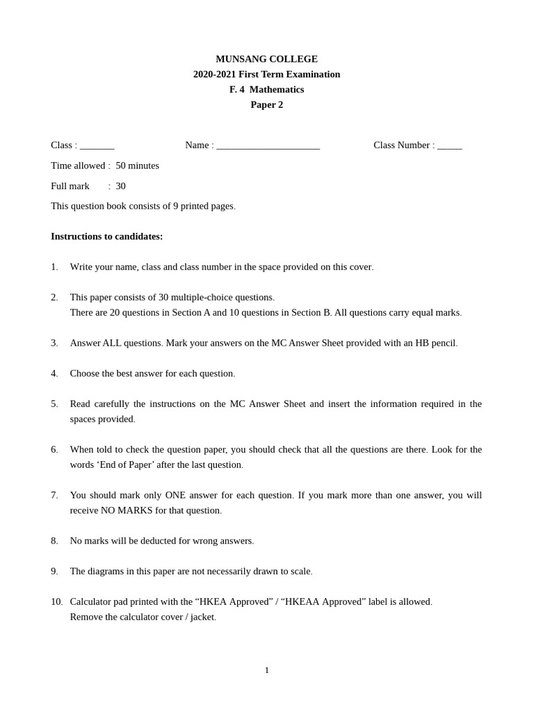 2020-21 F4 Math E1 P2 QP | PDF | Cartesian Coordinate System | Line ...