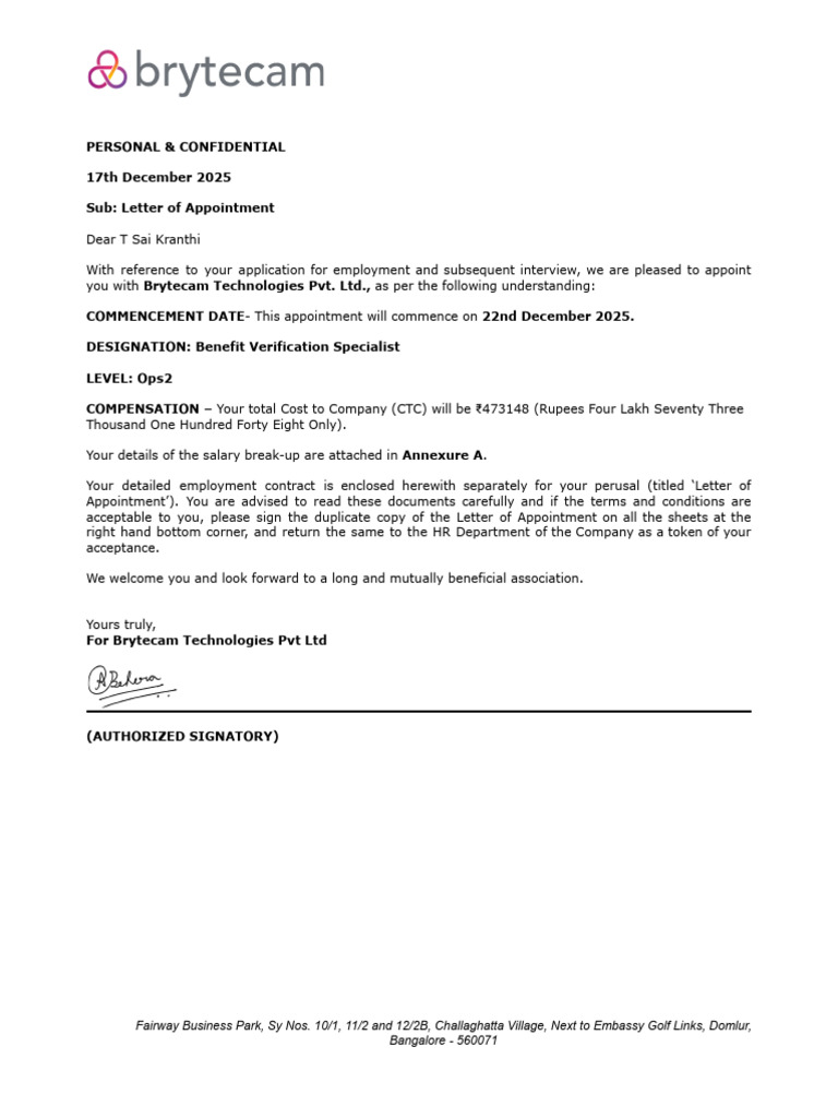 T Sai Kranthi - Offer Letter From Brytecam Technologies.docx (2) | PDF ...