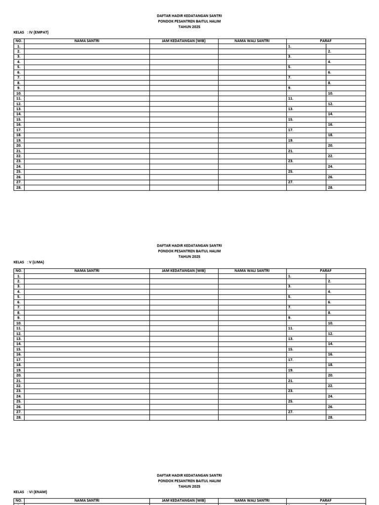 A Daftar Hadir Kedatangan Santri 3 | PDF