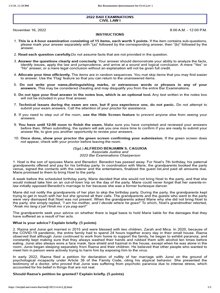 2022 Civil Law Bar Exam Instructions | PDF | Will And Testament | Civil ...