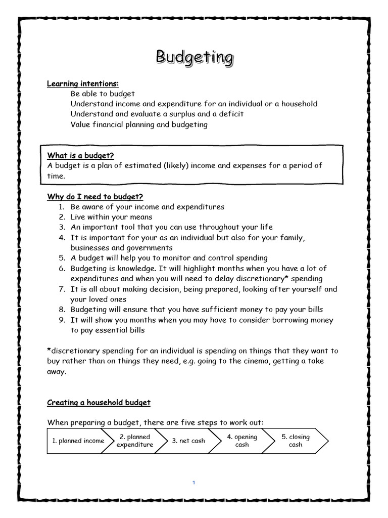 Business - Budgeting Handout | PDF | Budget | Government Budget Balance