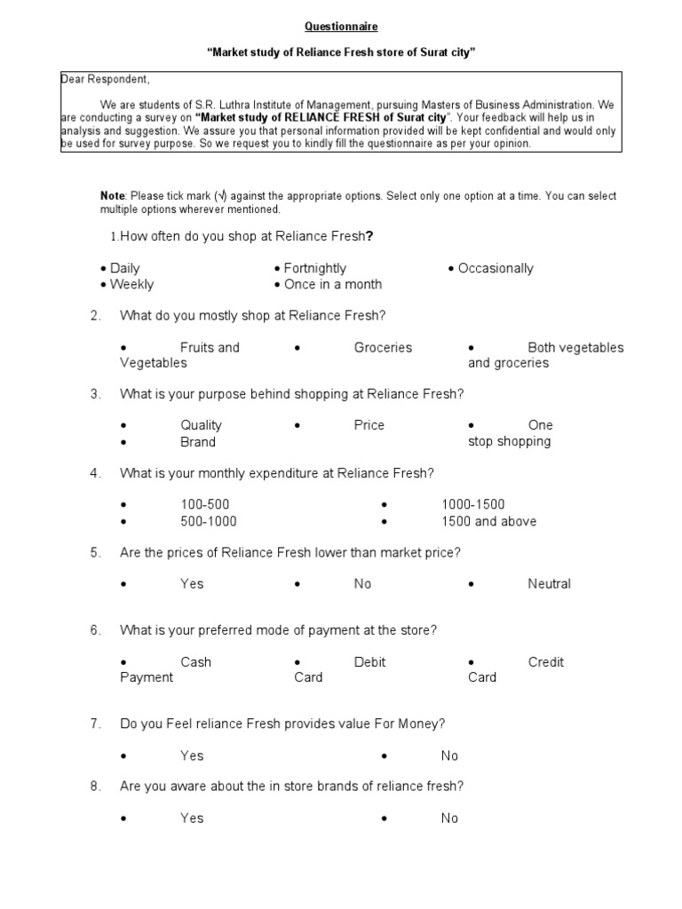 Questionnaire | PDF | Retail | Survey Methodology