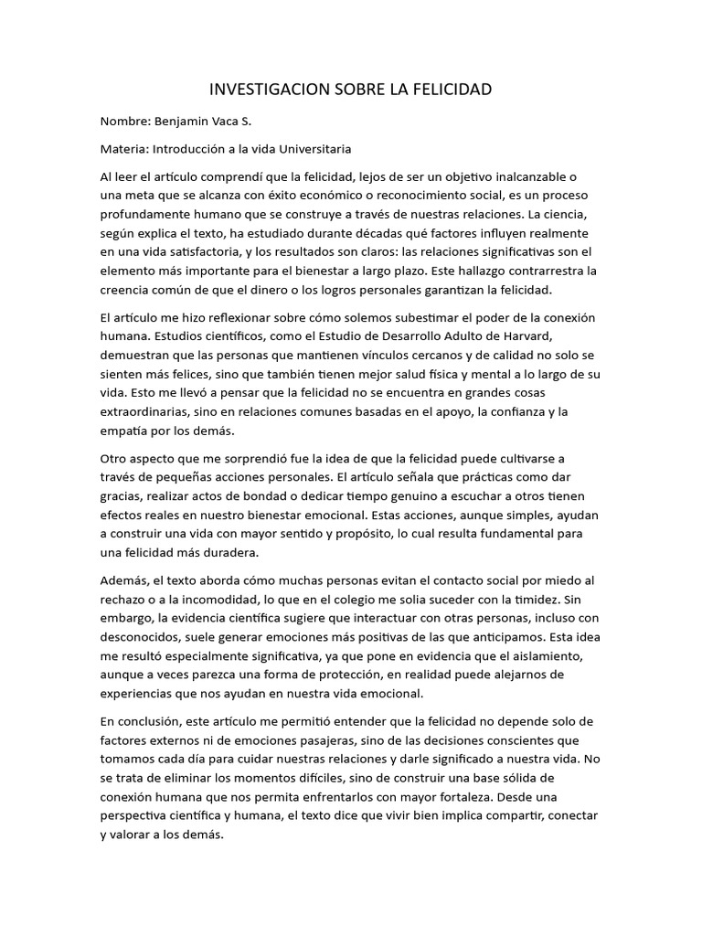 INVESTIGACION SOBRE LA FELICIDAD- BENJAMIN VACA S. | PDF | Felicidad ...