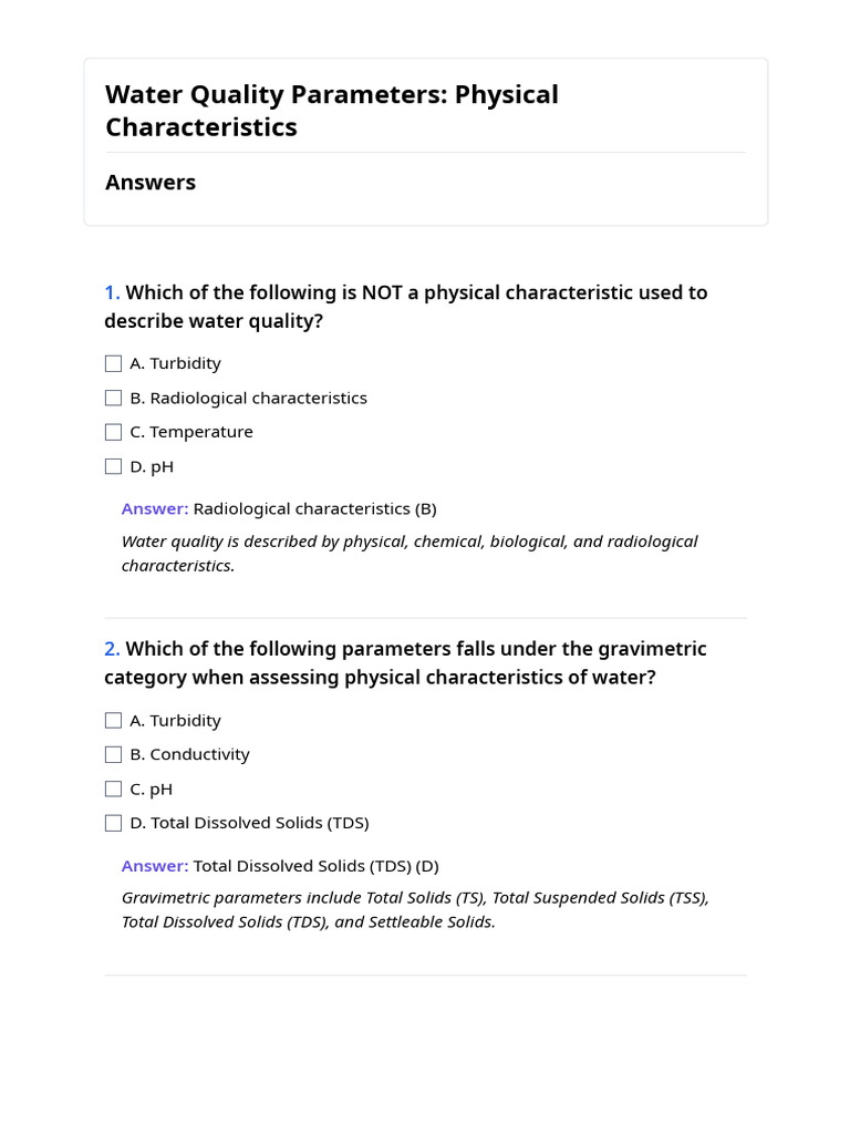 Water Quality Parameters Physical Characteristics Answers | PDF | Water ...