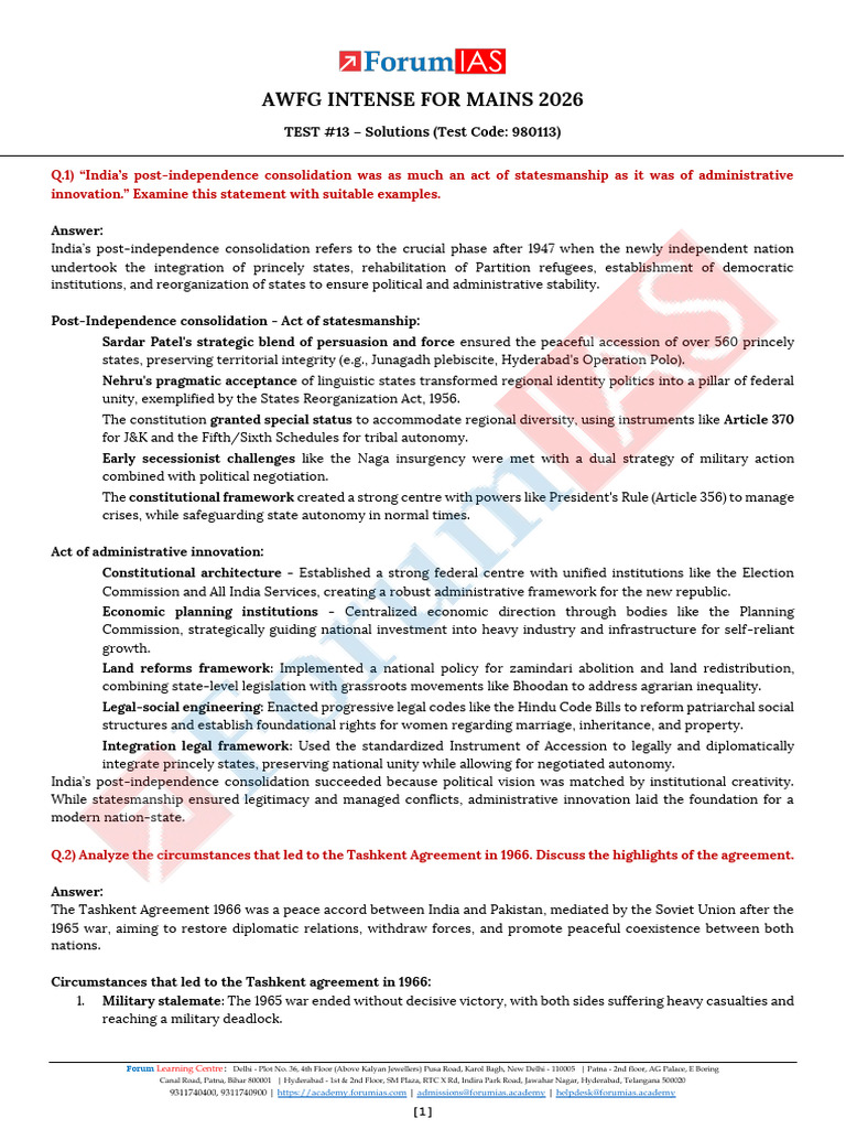 AWFG Mains 2026 Test 13 Solutions | PDF