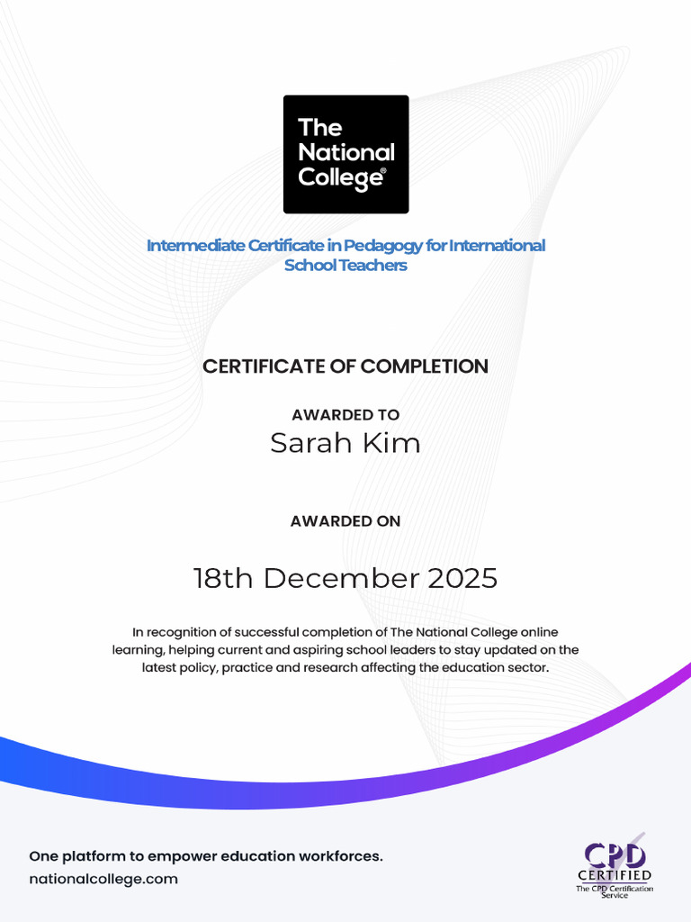 Sarah Kim Intermediate Certificate in Pedagogy for International School ...