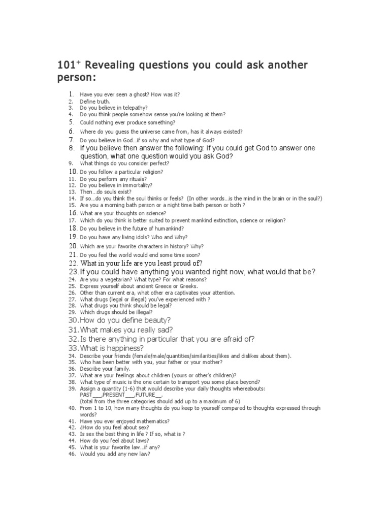 101+ Revealing Questions You Could Ask Another Person | PDF | Soul | God