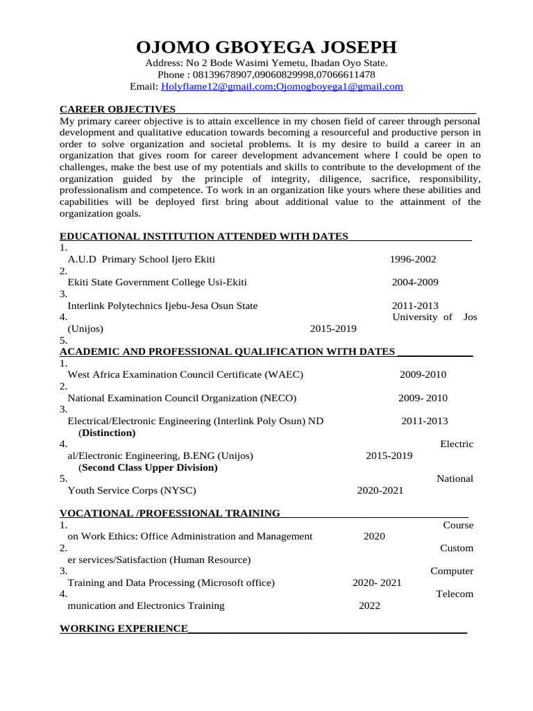 O. JOSEPH NEW CV | PDF | Telecommunications | Electronic Engineering