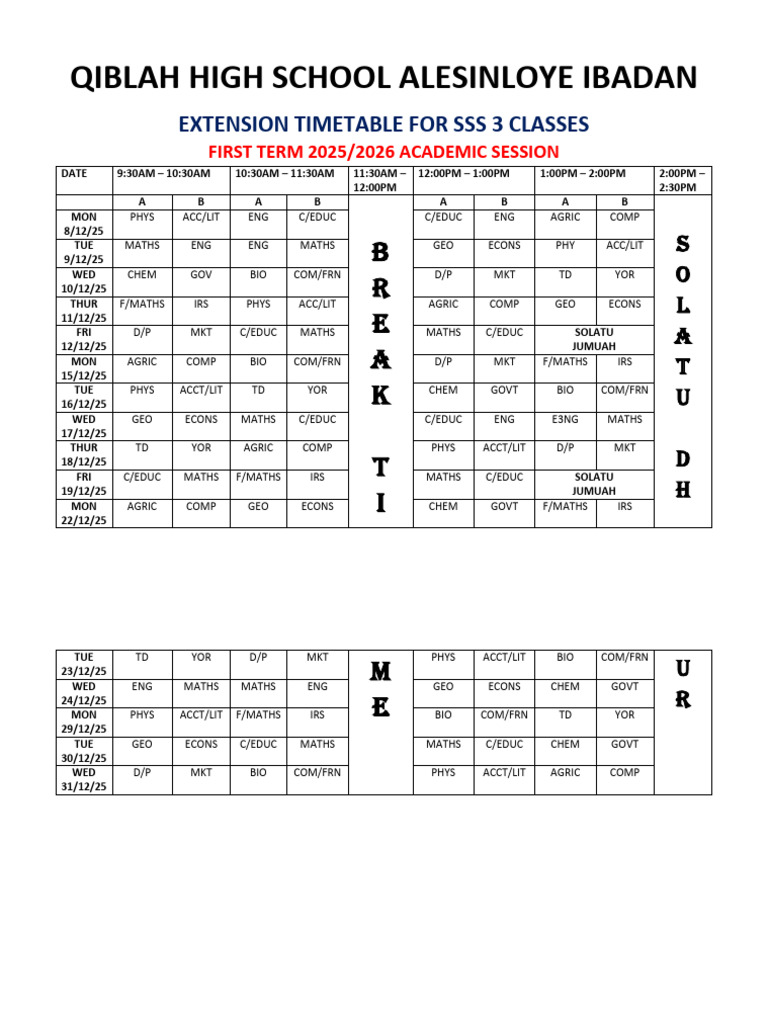 Extension Timetable Dec 2025 | PDF