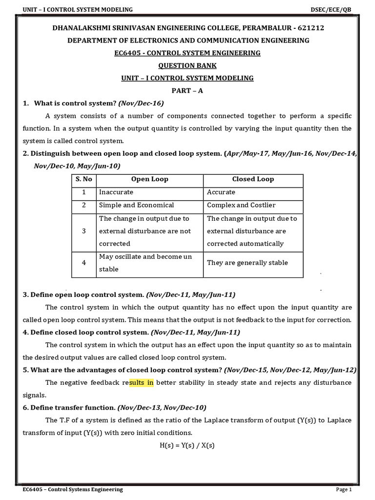 Control System and Engineering Question Bank | PDF | Bandwidth (Signal Processing) | Feedback