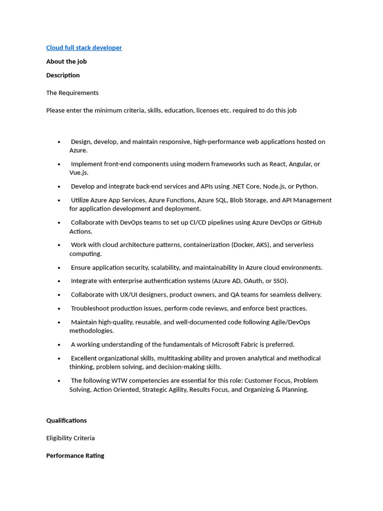Cloud Full Stack Developer Job Description | PDF