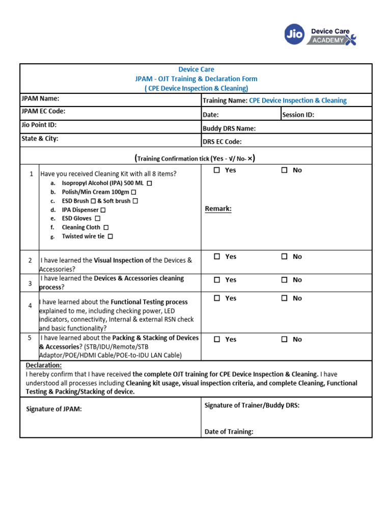 JPAM Sign Off Form - OJT Confirmation For CPE Device Inspection ...