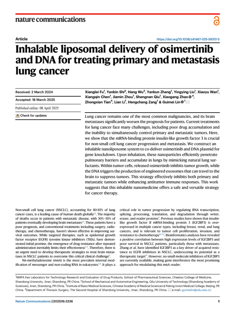 Inhalable Liposomal Delivery of Osmertinib and DNA for NSLC | PDF ...