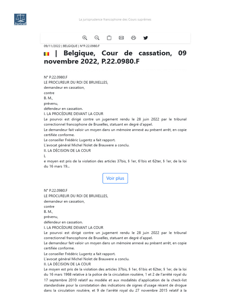 Belgique, Cour de Cassation, 09 Novembre 2022, P.22.0980.F | PDF ...