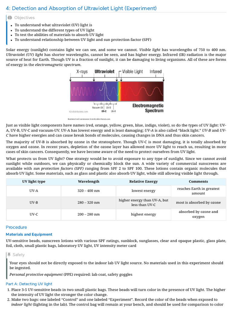 4_ Detection and Absorption of Ultraviolet Light (Experiment) - | PDF ...